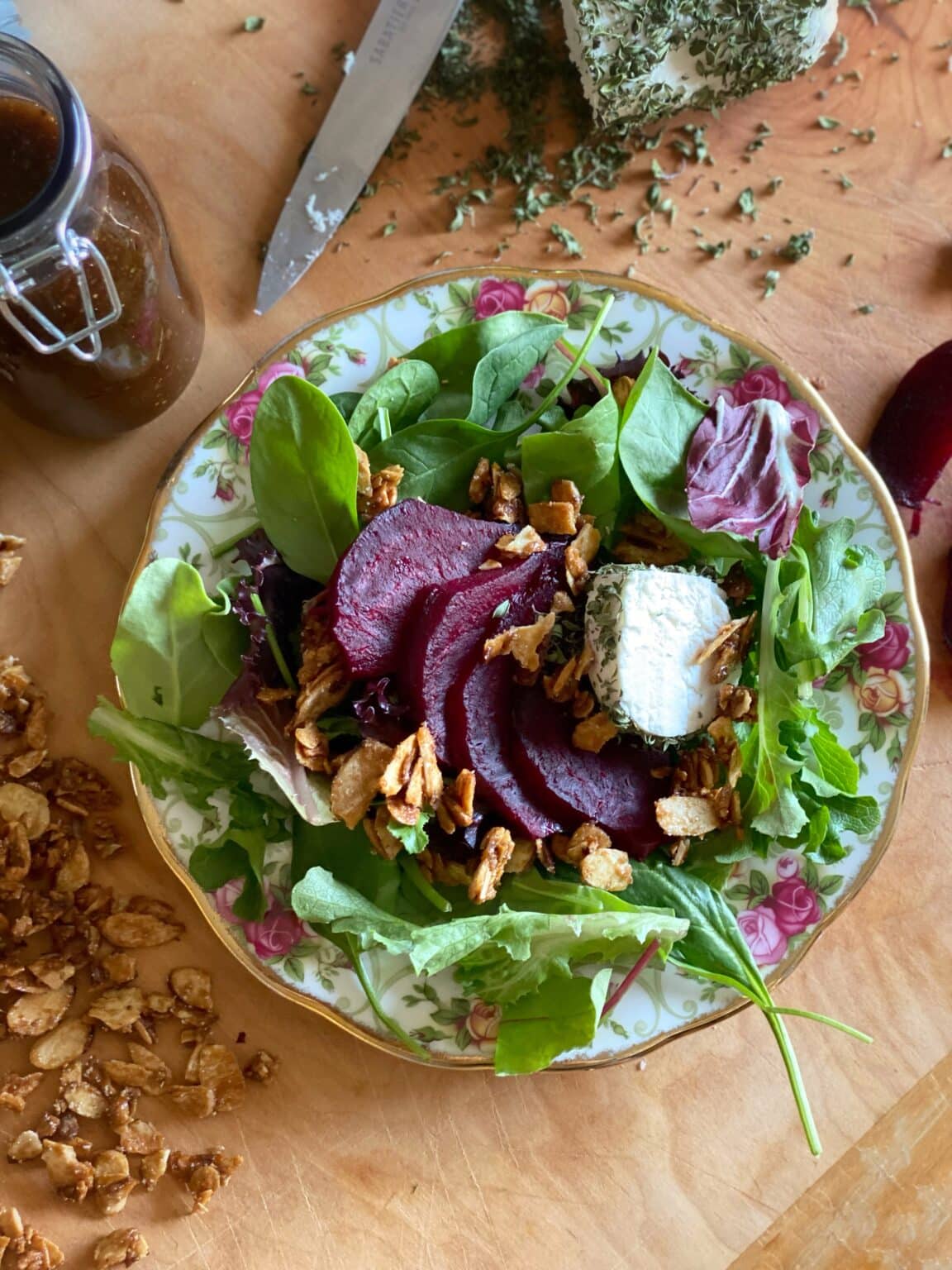 Roasted Beet and Herbed Goat Cheese Salad with Salted Caramel Almonds